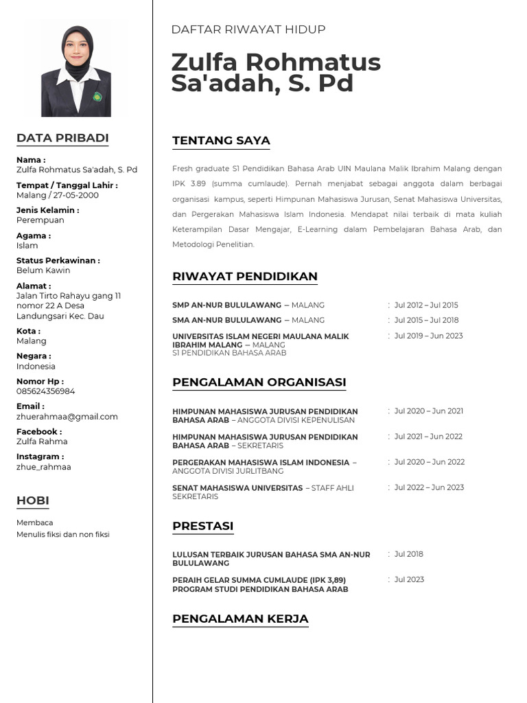 CV Zulfa Rohmatus Sa'adah | PDF