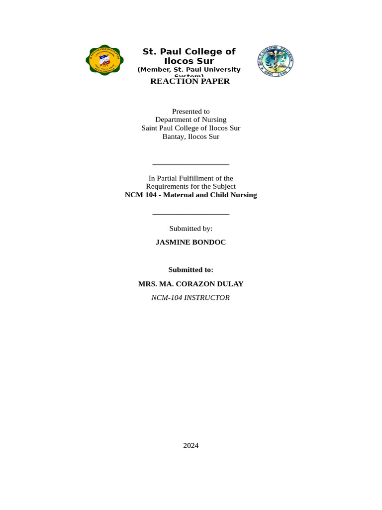 Maternal Reaction Paper | PDF