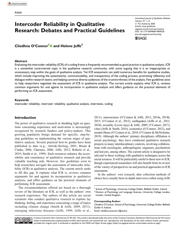 2020 Intercoder Reliability in Qualitative Research - Debates and ...