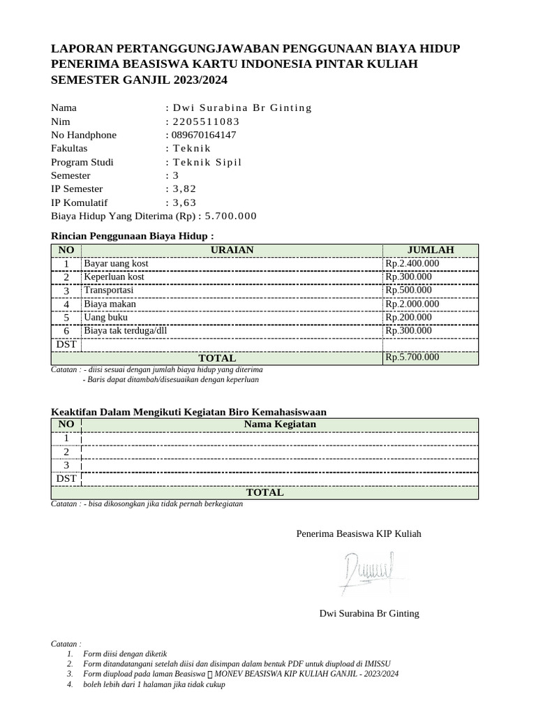 Form LPJ KIP Kuliah Ganjil 2023-2024 | PDF