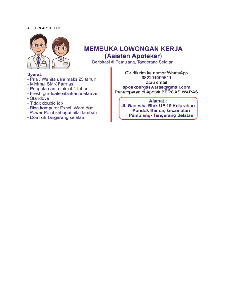 Contoh Loker Asisten Apoteker | PDF