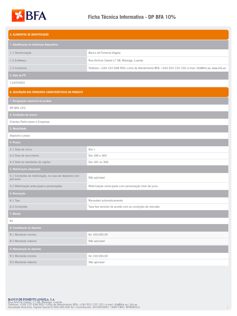 Ficha Tecnica Informativa DP Bfa 10 | PDF | Finanzas y dinero