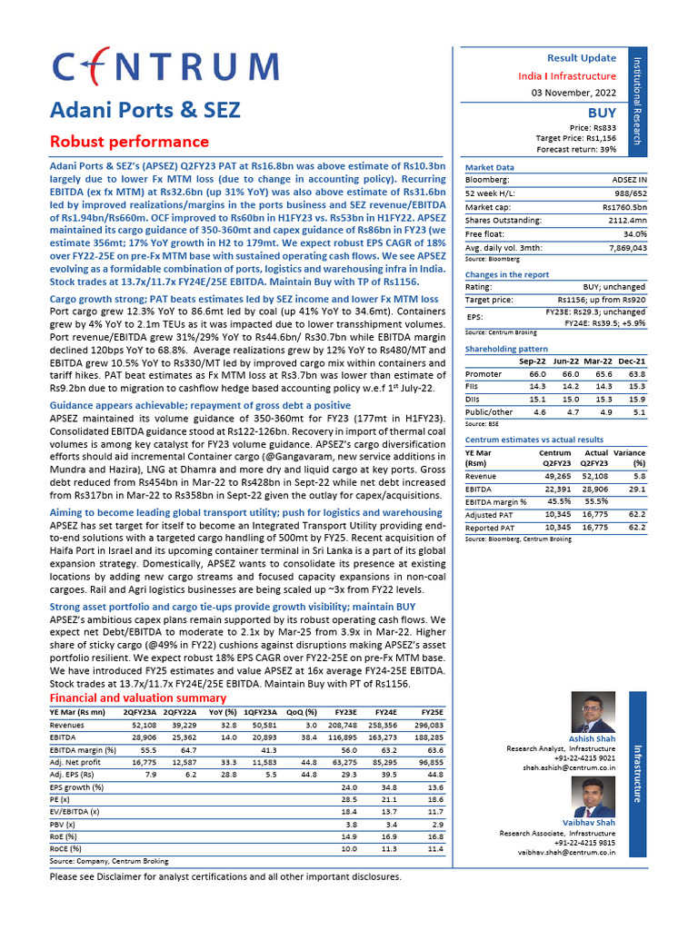 Centrum Adani Ports SEZ Q2FY23 Result Update | PDF
