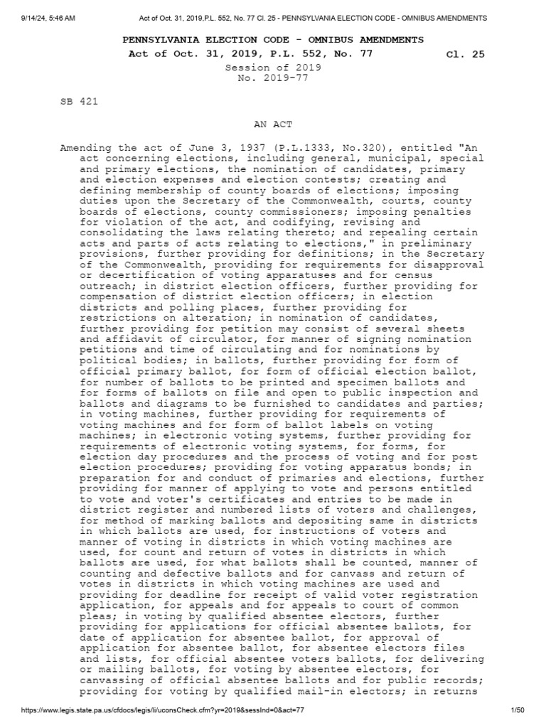 2019 Act 77 - PA General Assembly | PDF | Absentee Ballot | Voting