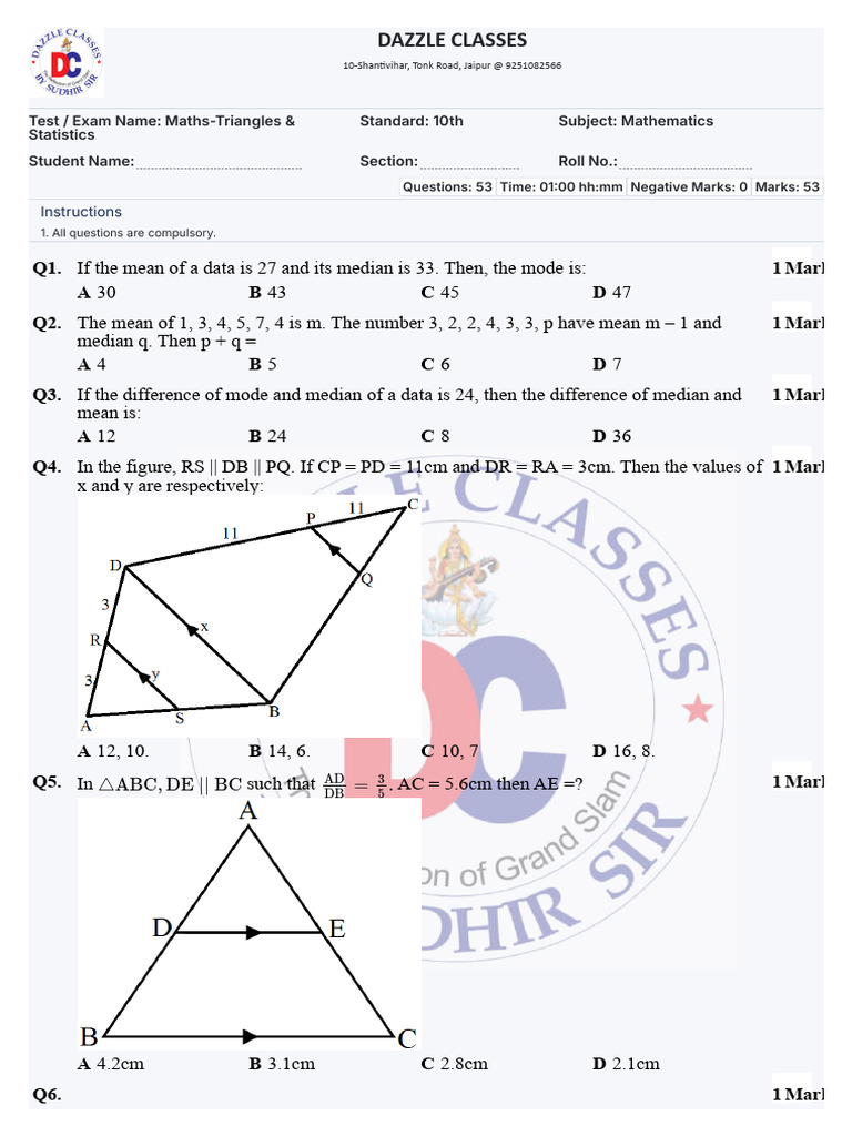 X Maths Triangle & Statistics | PDF