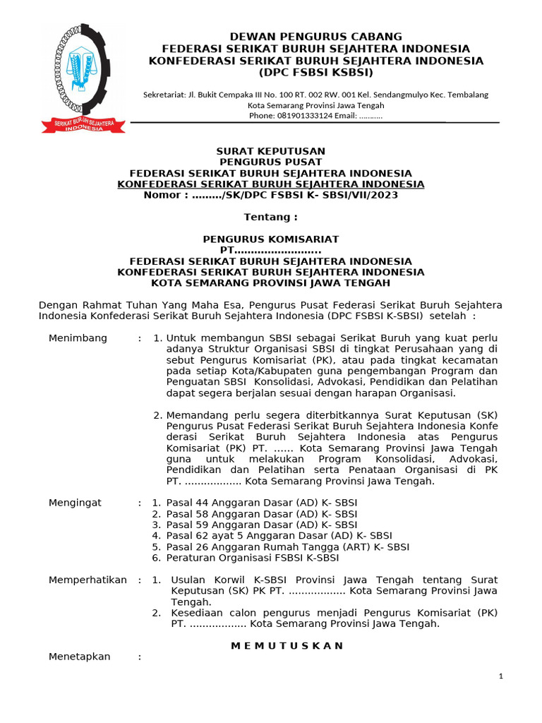 Draft SK DPC FSBSI PK PT ..... Kota Semarang Prov. Jawa Tengah | PDF