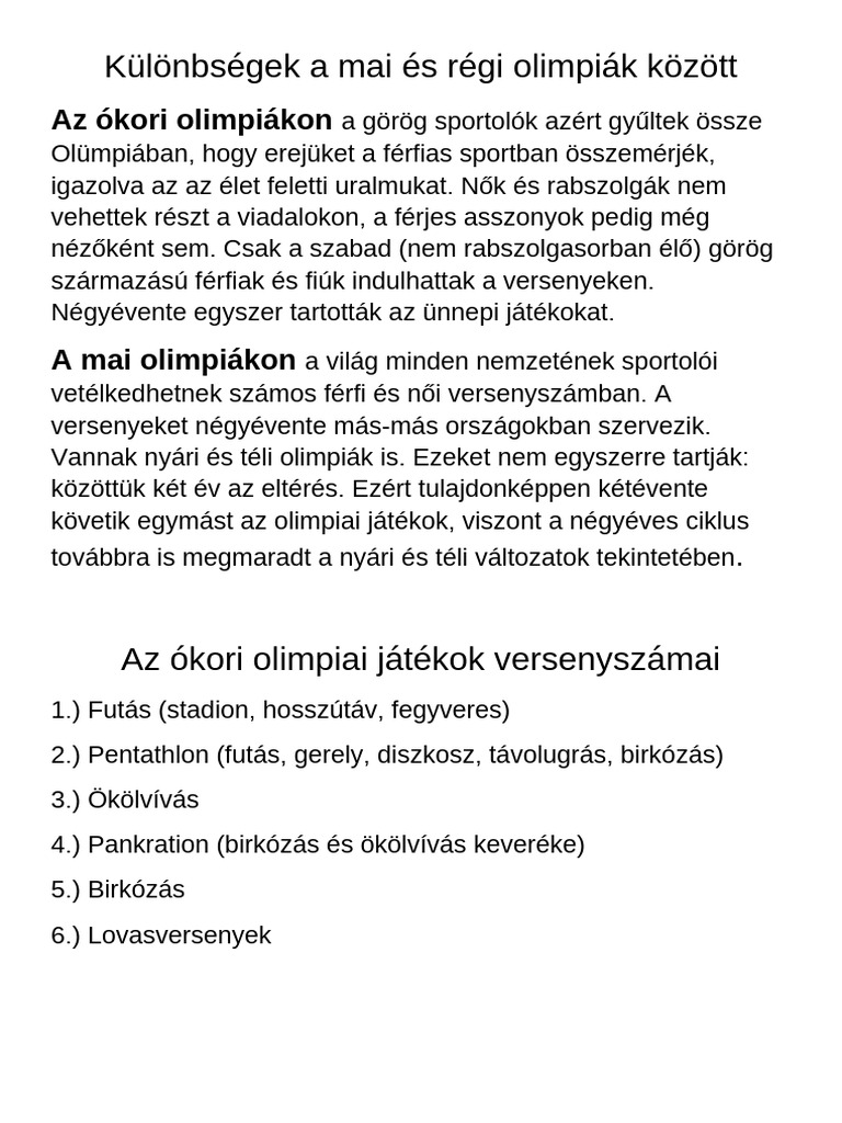 Az Ókori Olimpiai Játékok Versenyszámai | PDF