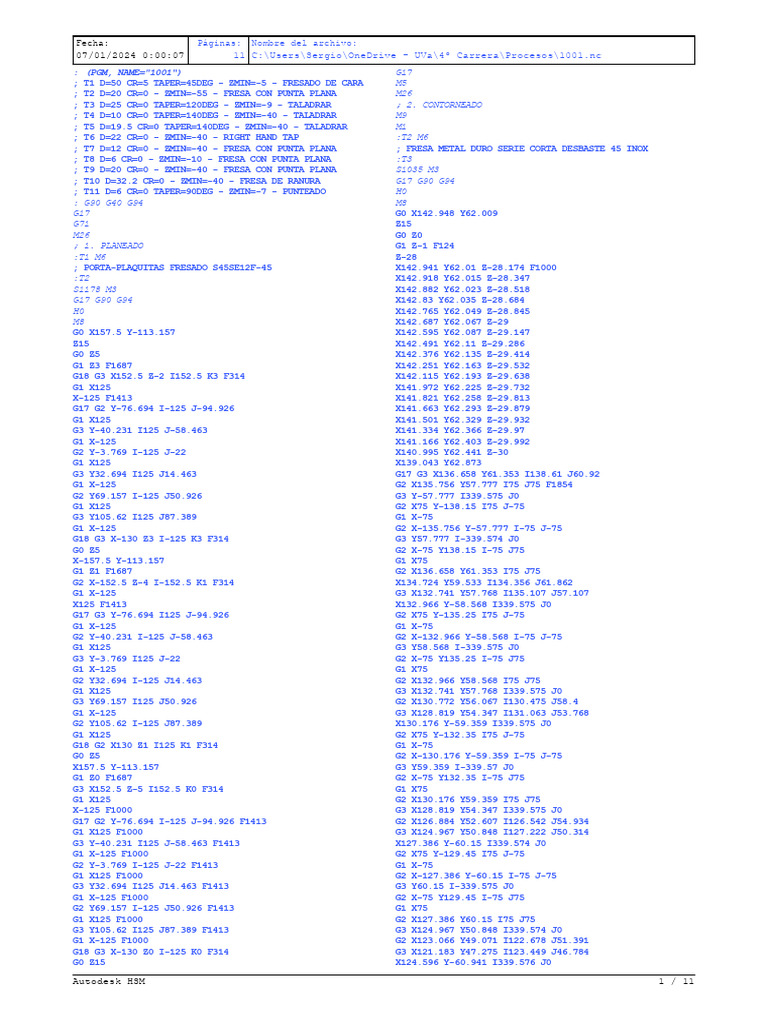 (PGM, NAME "1001") :: G17 M5 M26 2. Contorneado M9 M1:T2 M6:T3 S1035 M3 G17 G90 G94 H0 M8 | PDF