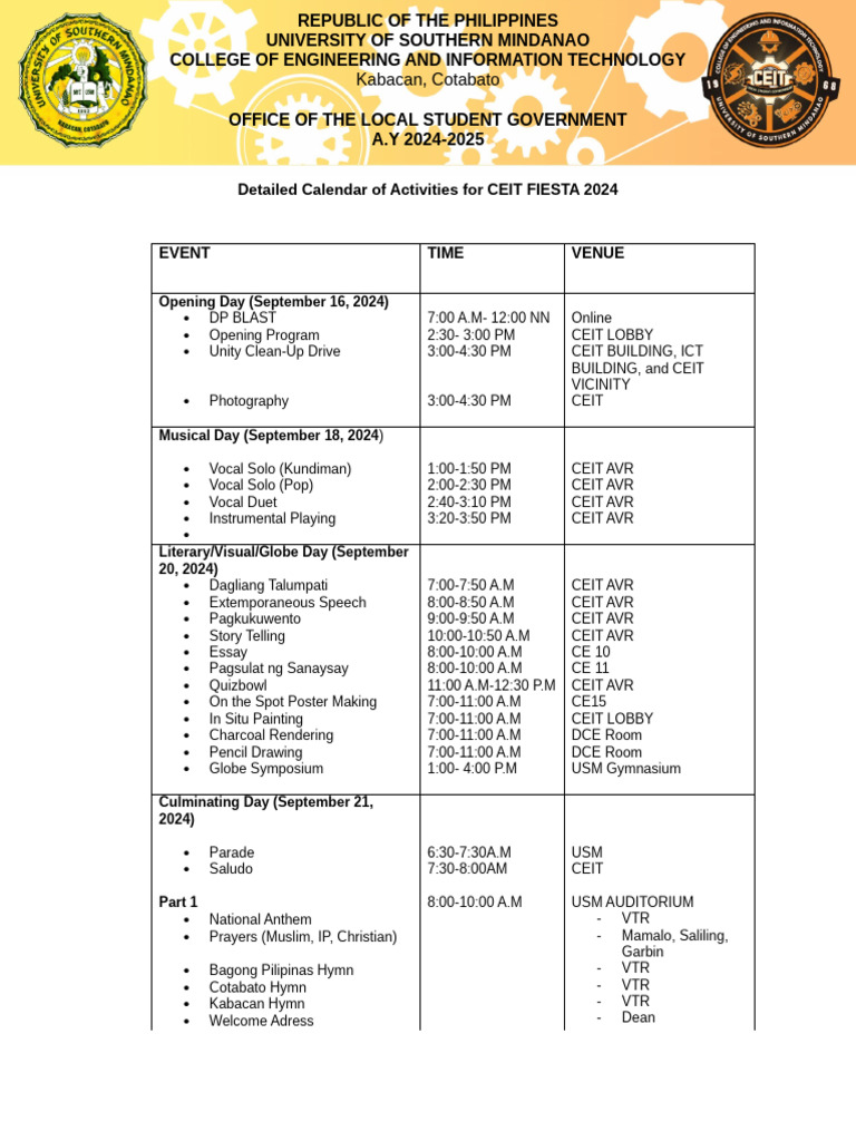 Final CEIT FIESTA CALENDAR OF ACTIVITIES | PDF