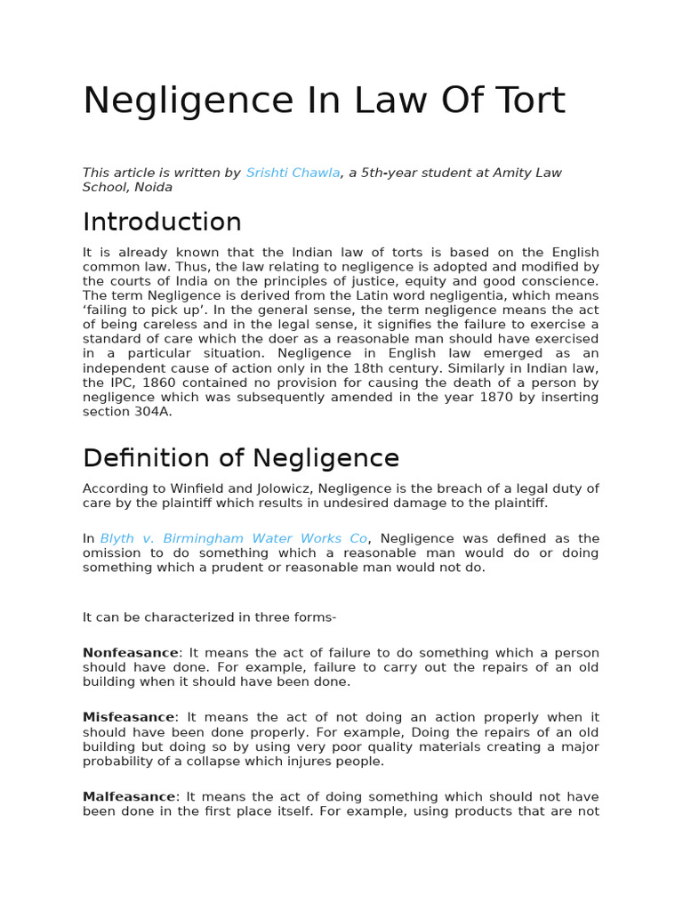 Negligence in Law of Tort | PDF