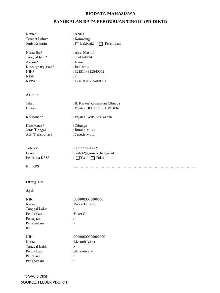 Format Biodata PD-DIKTI | PDF