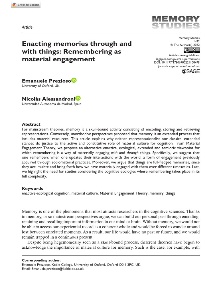 Enacting memories through and with things Remembering as material ...