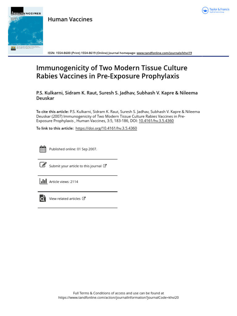 Immunogenicity of Two Modern Tissue Culture Rabies - Vaccines in Pre ...