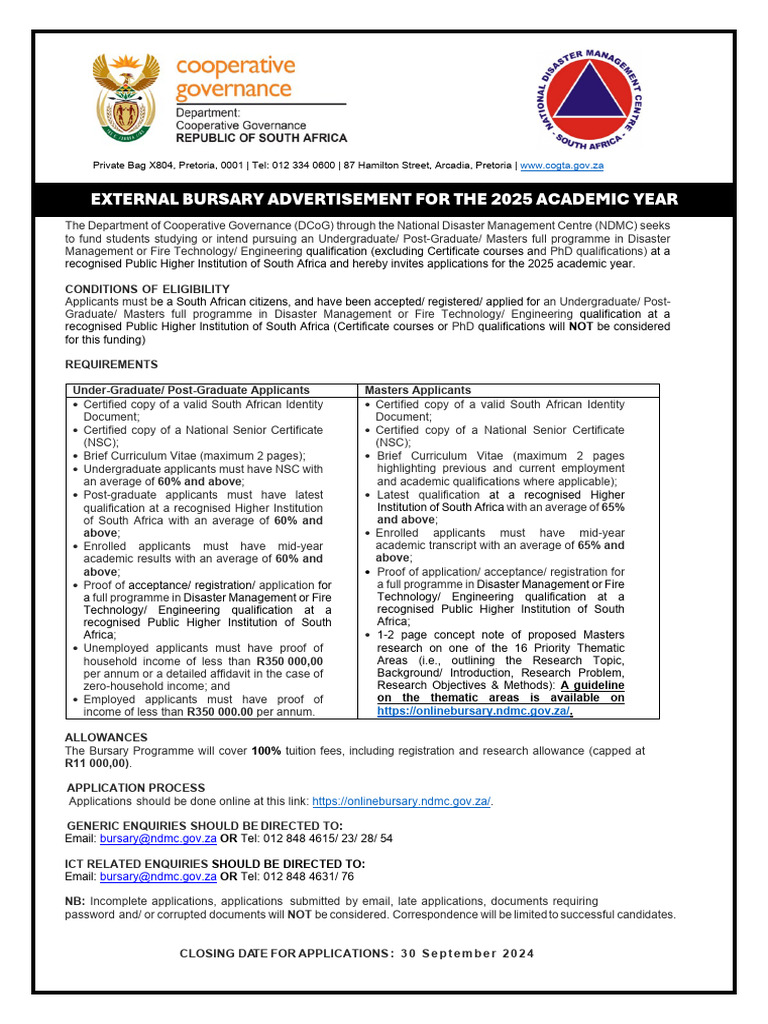 Disaster Management Bursary Advert-2025 | PDF | Postgraduate Education | Undergraduate Education