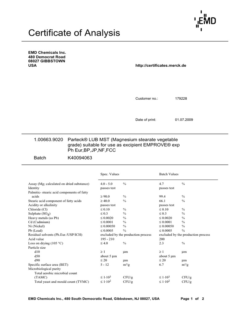Certificate of Analysis - EMD Chemicals | PDF | Chemical Substances ...