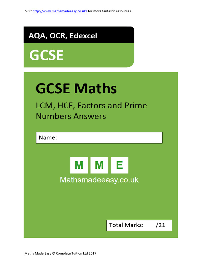 GCSE Maths LCM HCF Factors and Prime Numbers Worksheets Answers | PDF GCSE Maths LCM HCF Factors and Prime Numbers Worksheets Answers | PDF