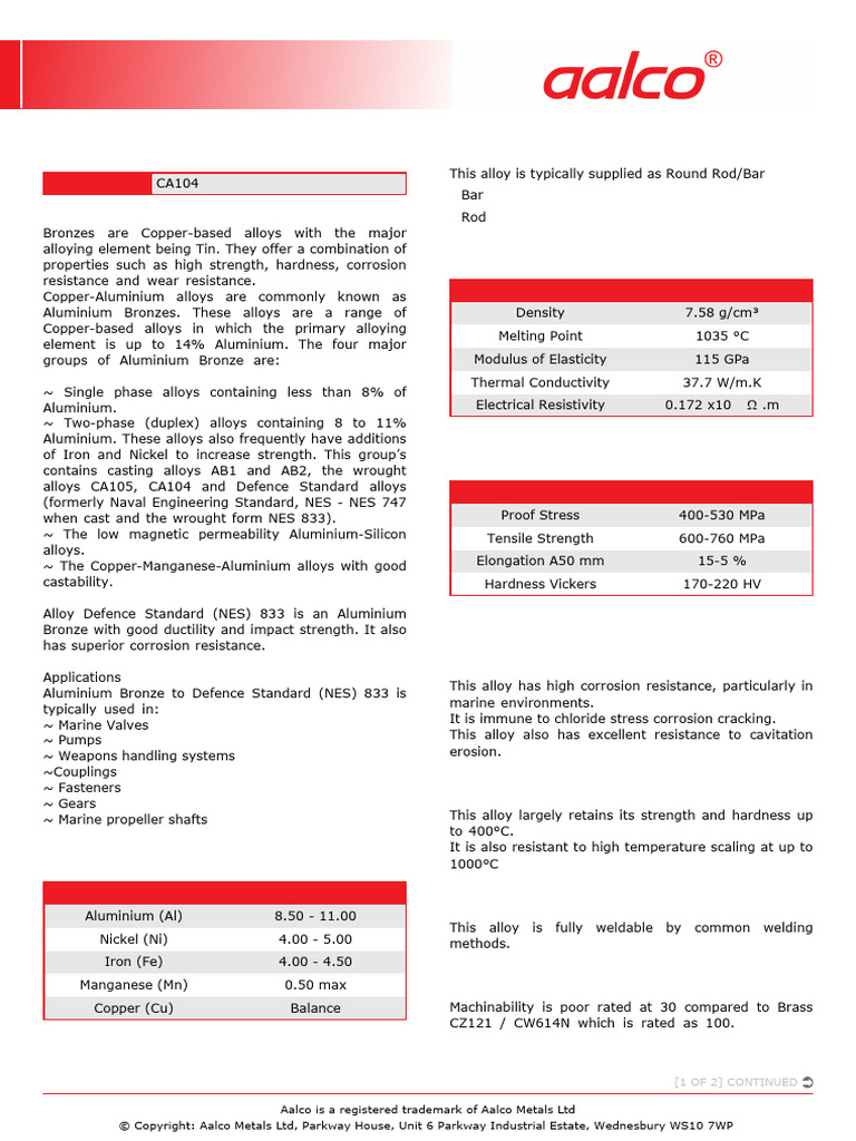Aalco Metals LTD - Copper and Copper Alloys CW307G - 445 | PDF | Alloy ...