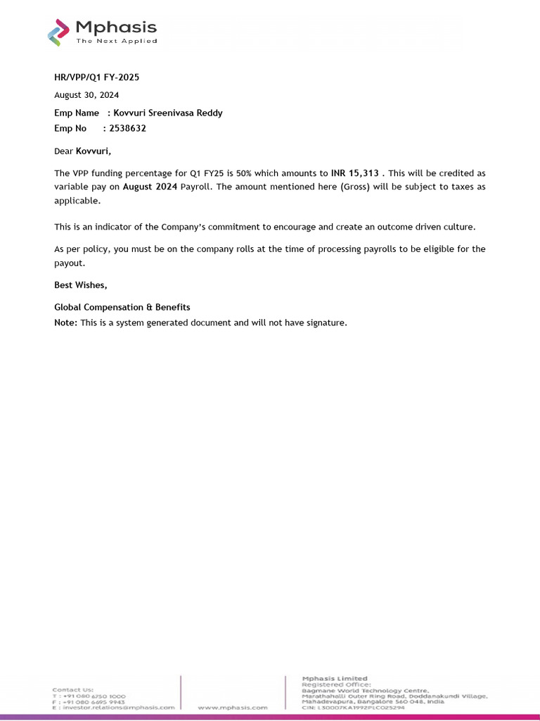 Variable Pay Letter - 2538632 5 | PDF