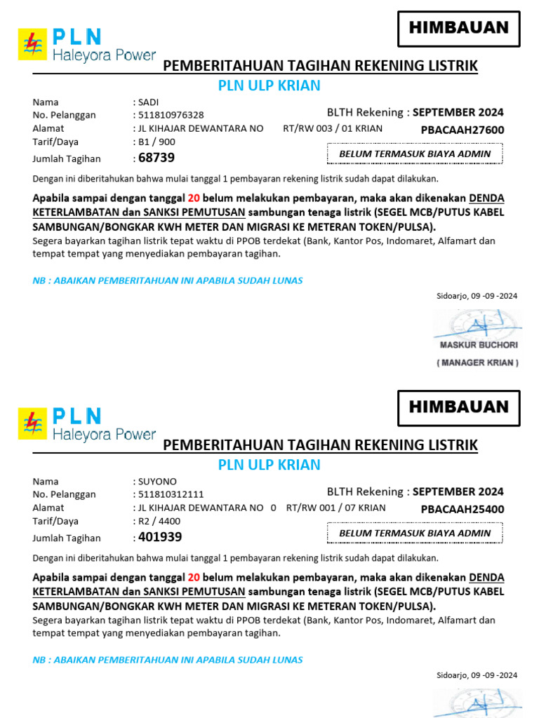 Pemberitahuan Tagihan Rekening Listrik 2 | PDF