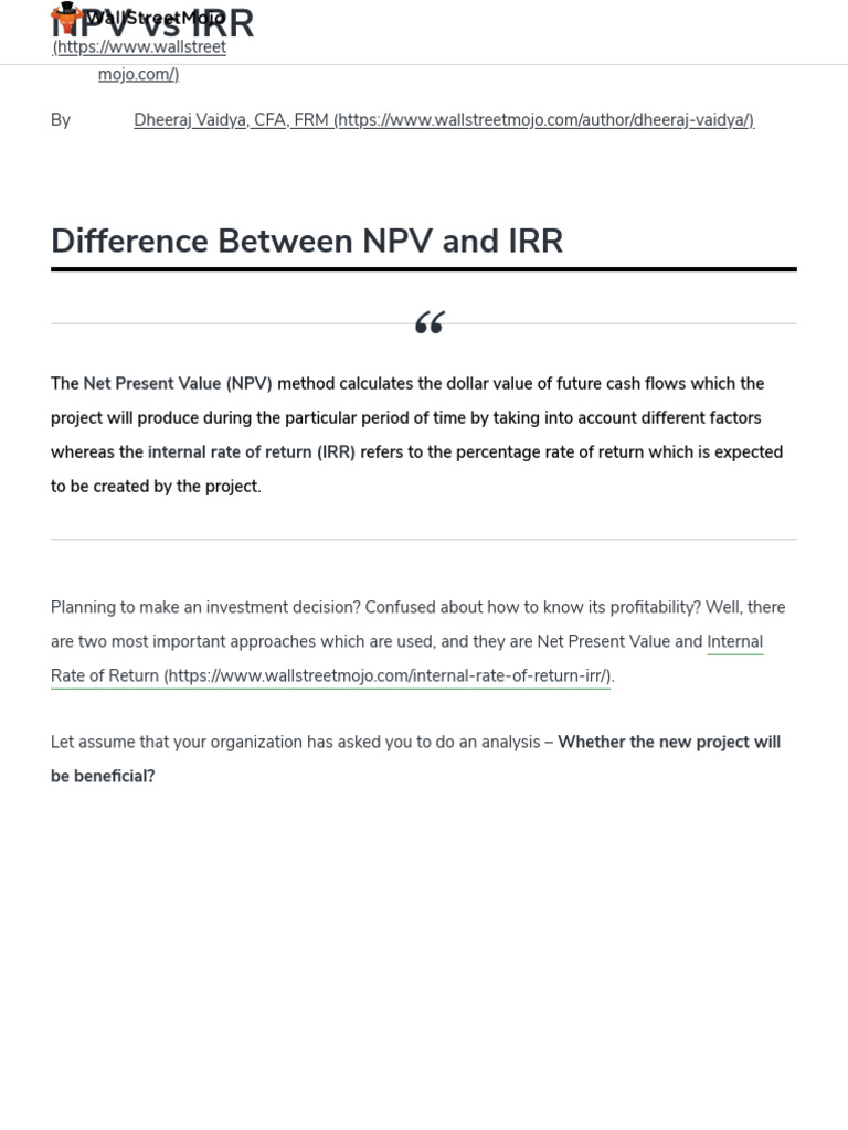 NPV vs IRR: Key Differences Explained | PDF | Net Present Value ...