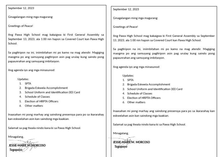 Letter To Parents Assembly HRPTA | PDF