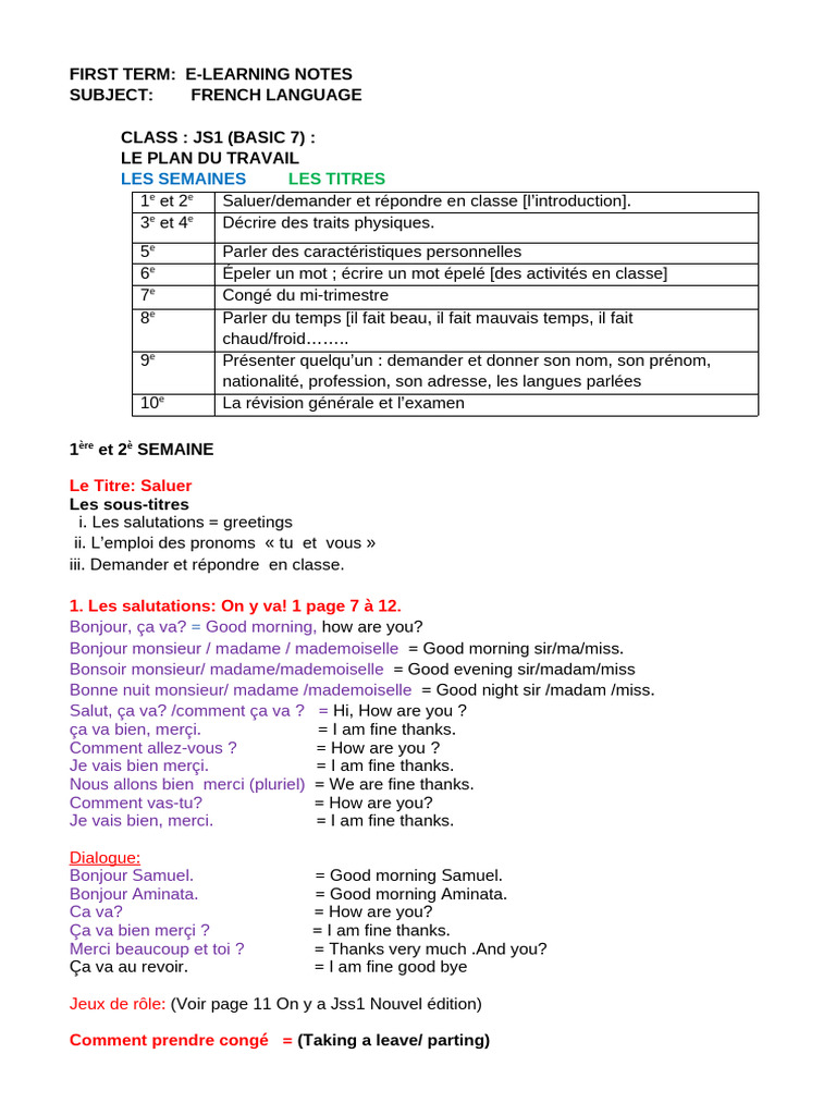 French Lesson Plan for JS1 Term 1 | PDF | Language Arts & Discipline