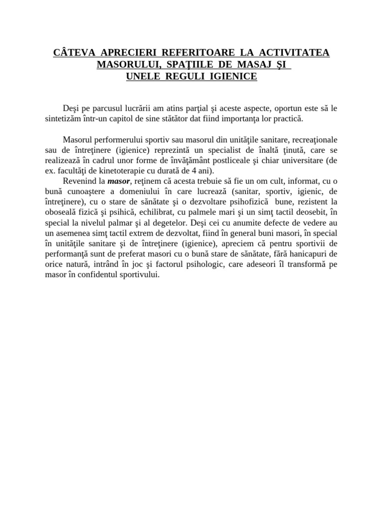 Câteva Aprecieri Referitoare La Activitatea Masorului, Spaţiile de Masaj Şi Unele Reguli ...