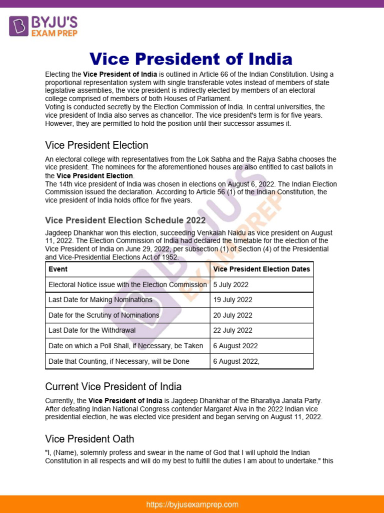 Vice President of India Upsc 32 | PDF | Oath Of Office | Politics