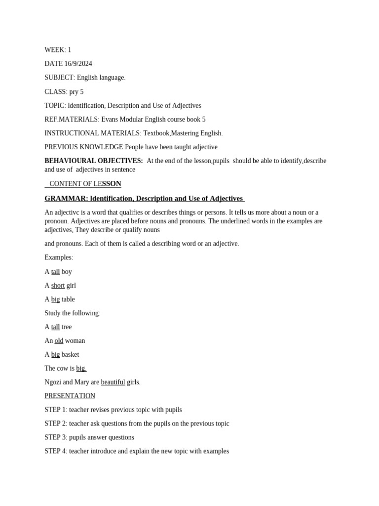 Acc. Lesson Note Basic Five Week 1 | PDF | Adjective | Foreign Language Studies