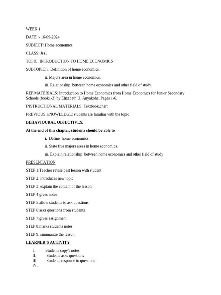 JSS1 Home Economics: Introduction Lesson | PDF | Textiles | Wellness