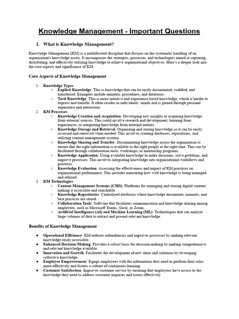 Knowledge Management - Important Questions | PDF