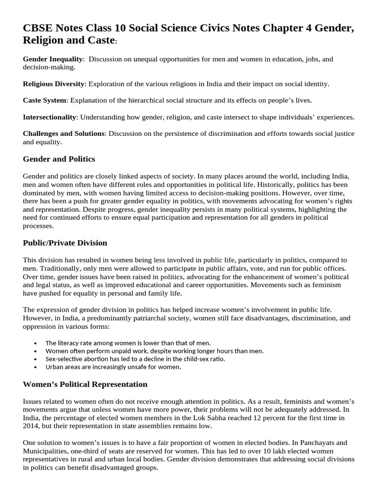 CBSE Notes Class 10 Social Science Civics Notes Chapter 4 Gender | PDF