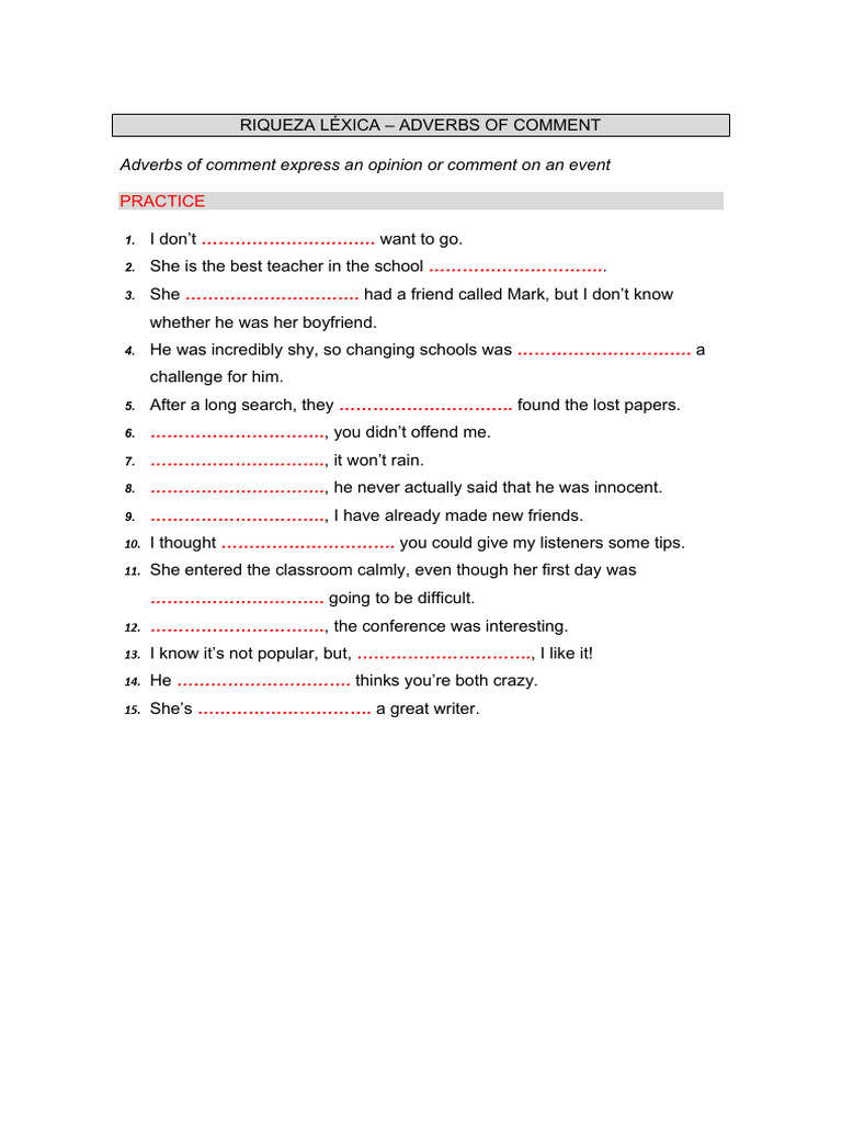 Challenge 4, Adverbs of Comment | PDF