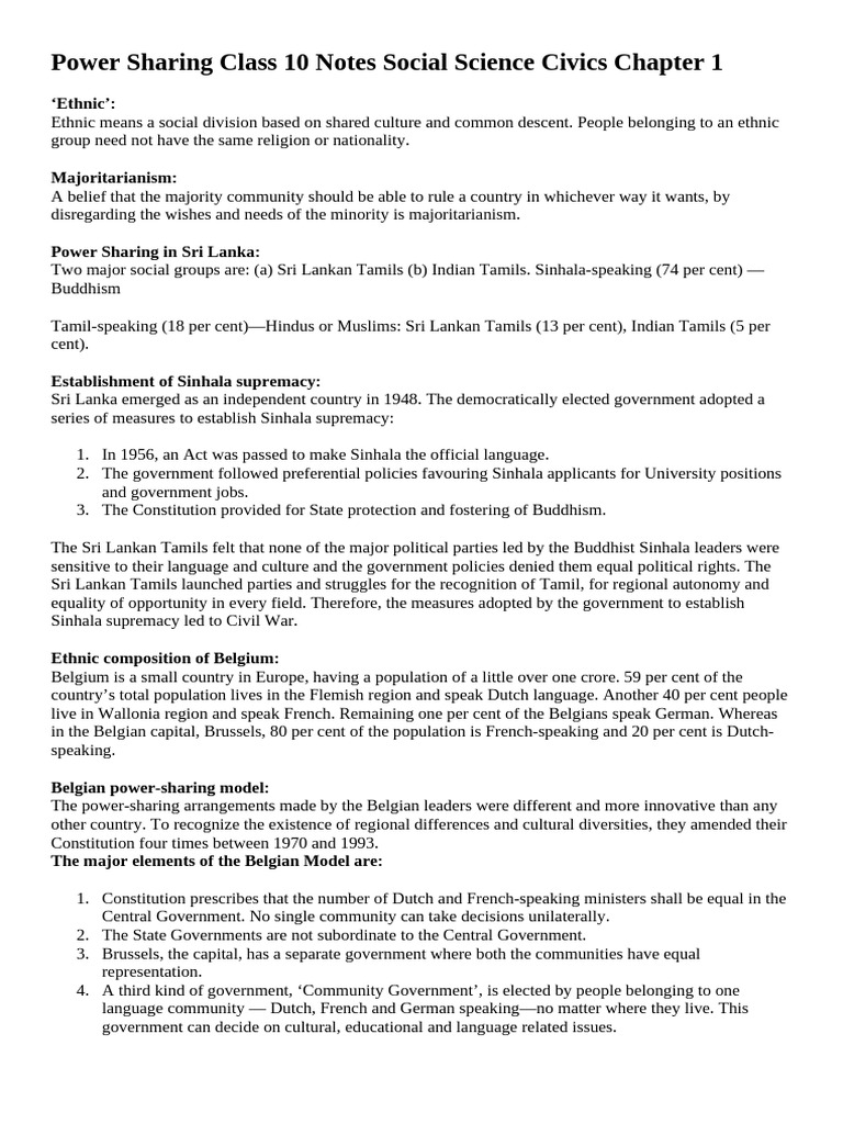 Power Sharing Class 10 Notes Social Science Civics Chapter 1 | PDF