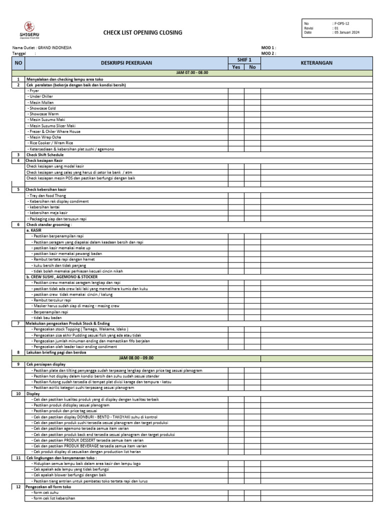 F-Ops-12. Checklist Opening Closing | PDF