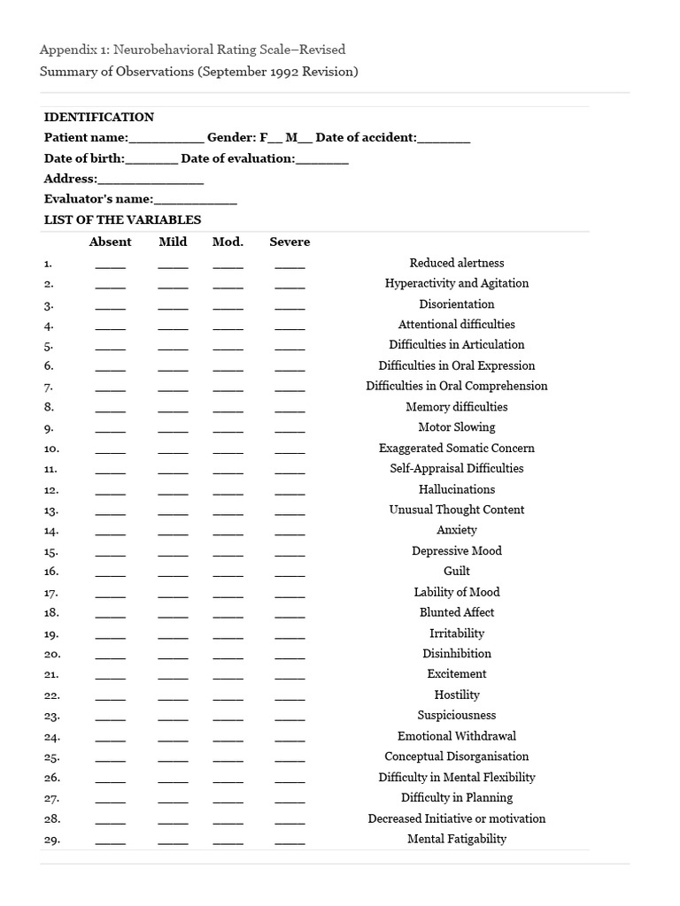 NeurobehavioralRatingScaleRevised Variables | PDF