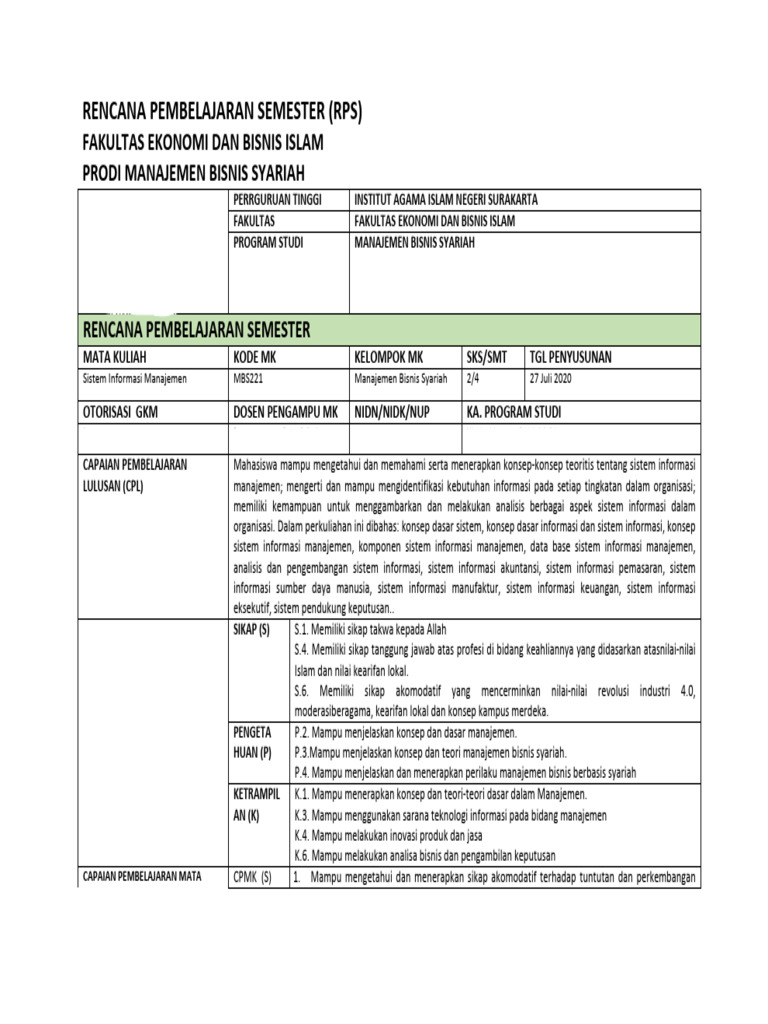 RPS - Sistem Informasi Manajemen | PDF