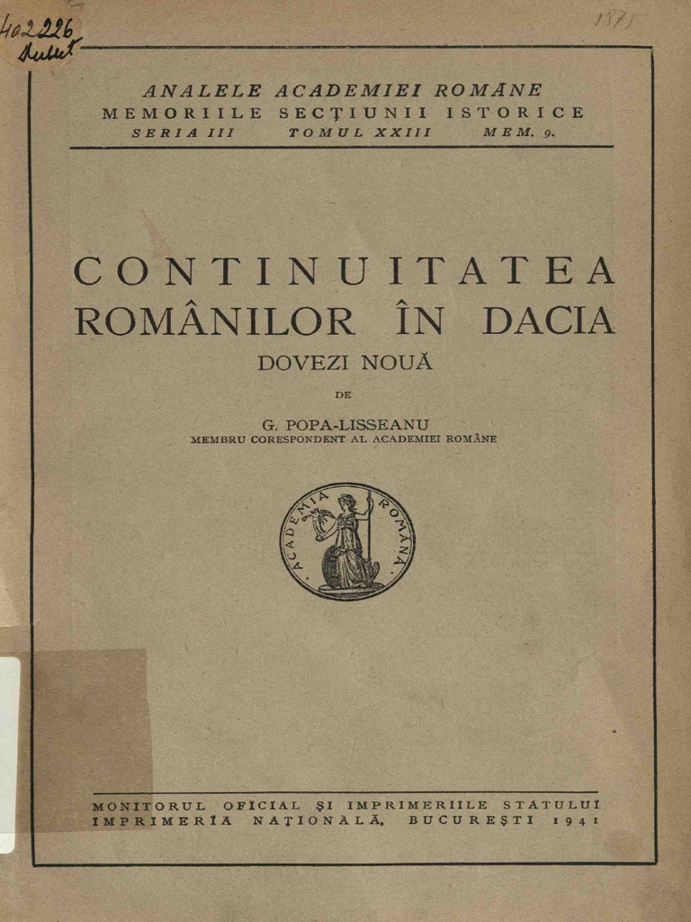 Continuitatea Romanilor in Dacia - Popa-Lisseanu Gheorghe - Bucuresti ...
