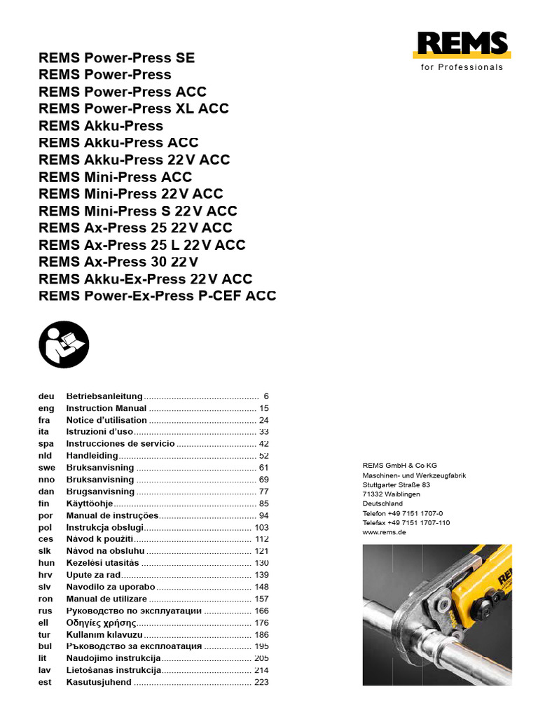 Rems Akku Press 22 V Acc Instruction Manual | PDF