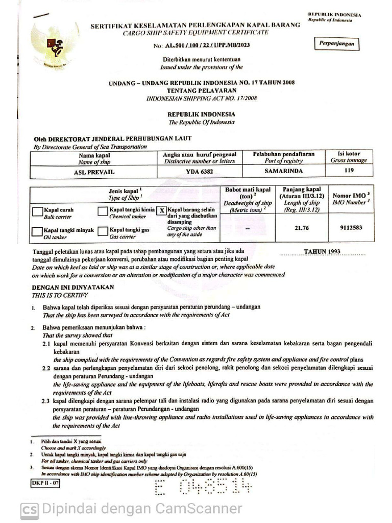 Sert Keselamatan Perlengkapan Kapal Barang | PDF