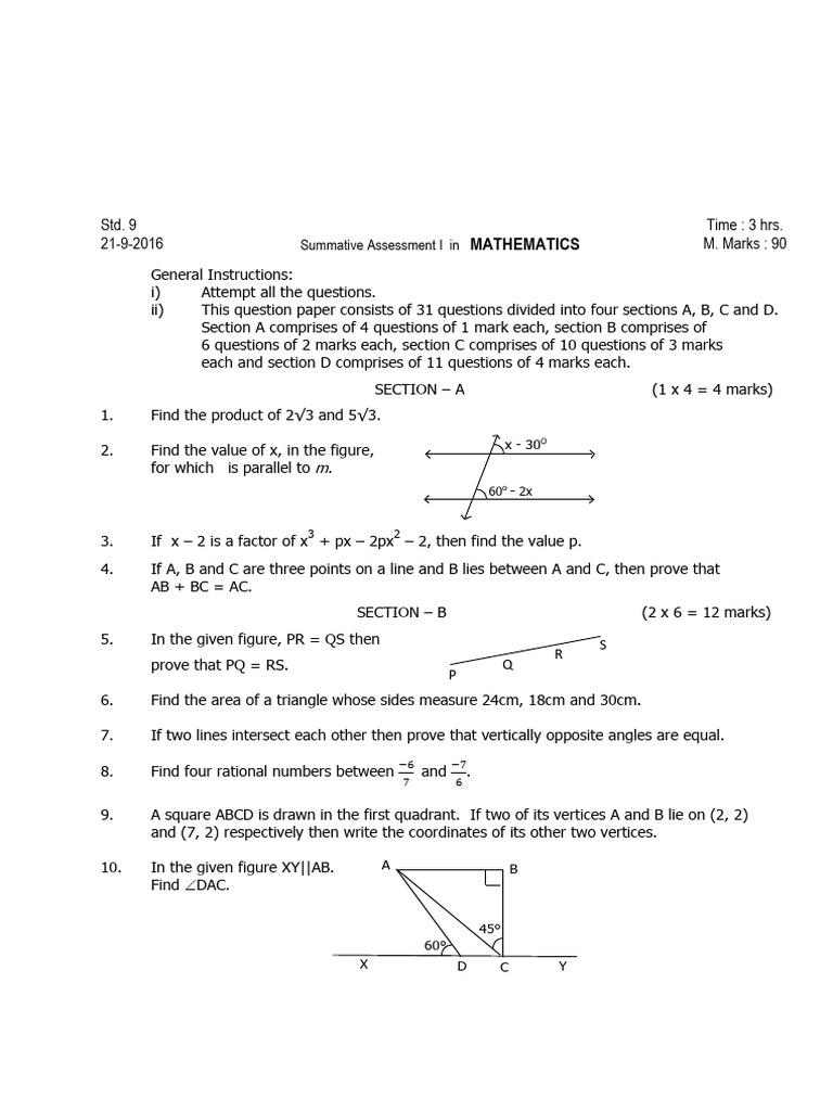 Class 9 Math Exam Paper 2016 | PDF | Perpendicular | Euclidean Geometry