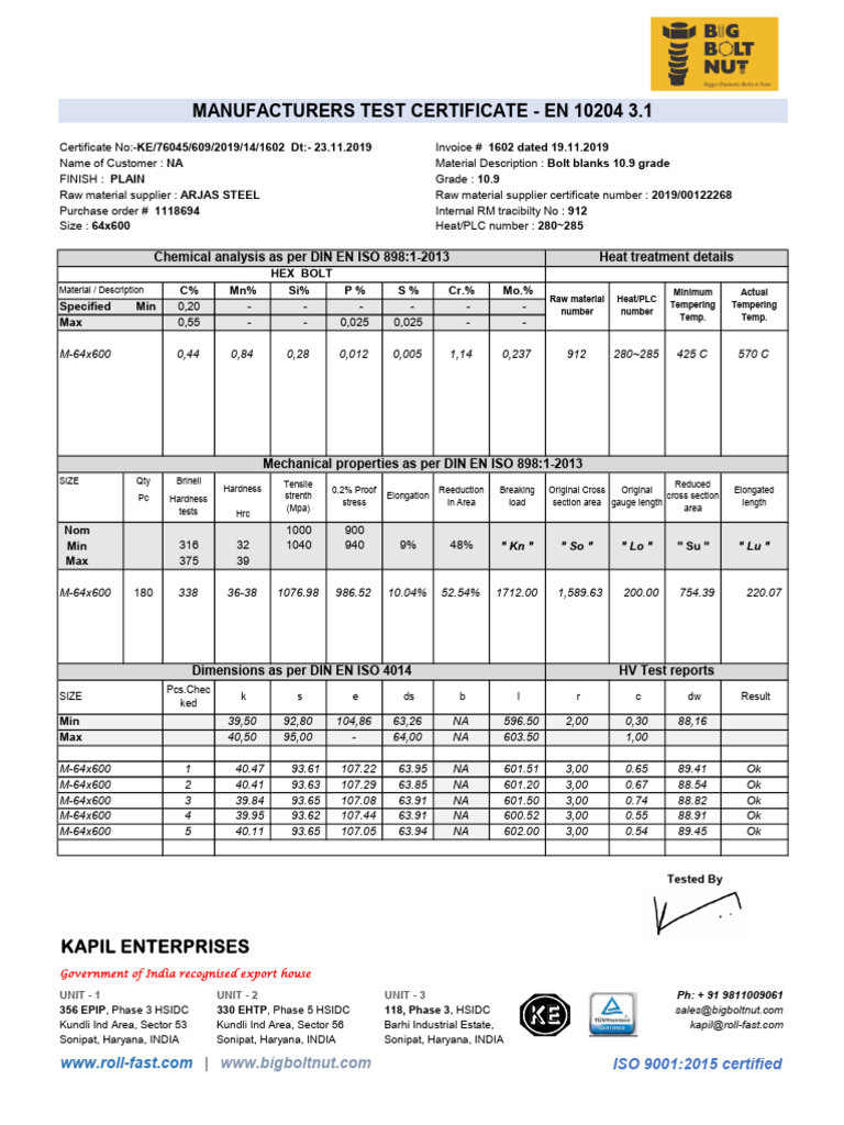 Manufactuere Test Certificate | PDF | Screw | Solid Mechanics