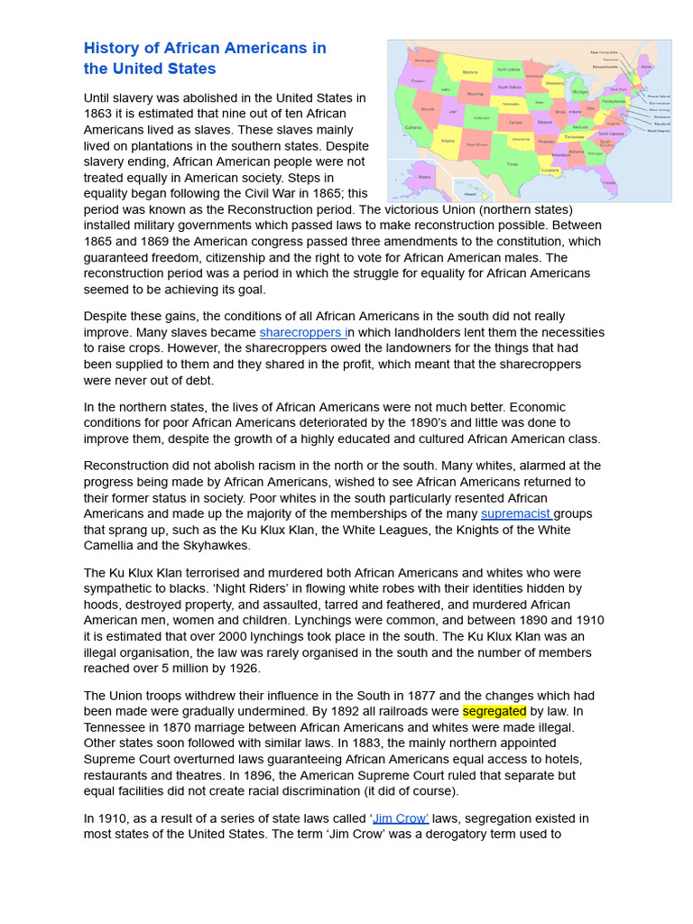 History of African Americans in The United States - Segregation | PDF