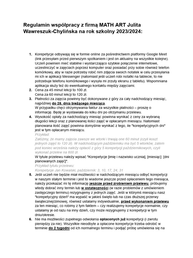 Regulamin Współpracy MATH ART 2023 - 2024 | PDF