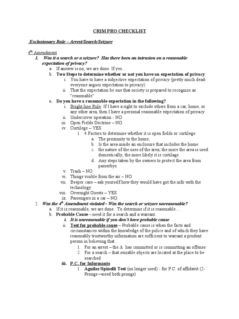 Criminal Procedure Checklist: 4th Amendment | PDF | Miranda Warning ...