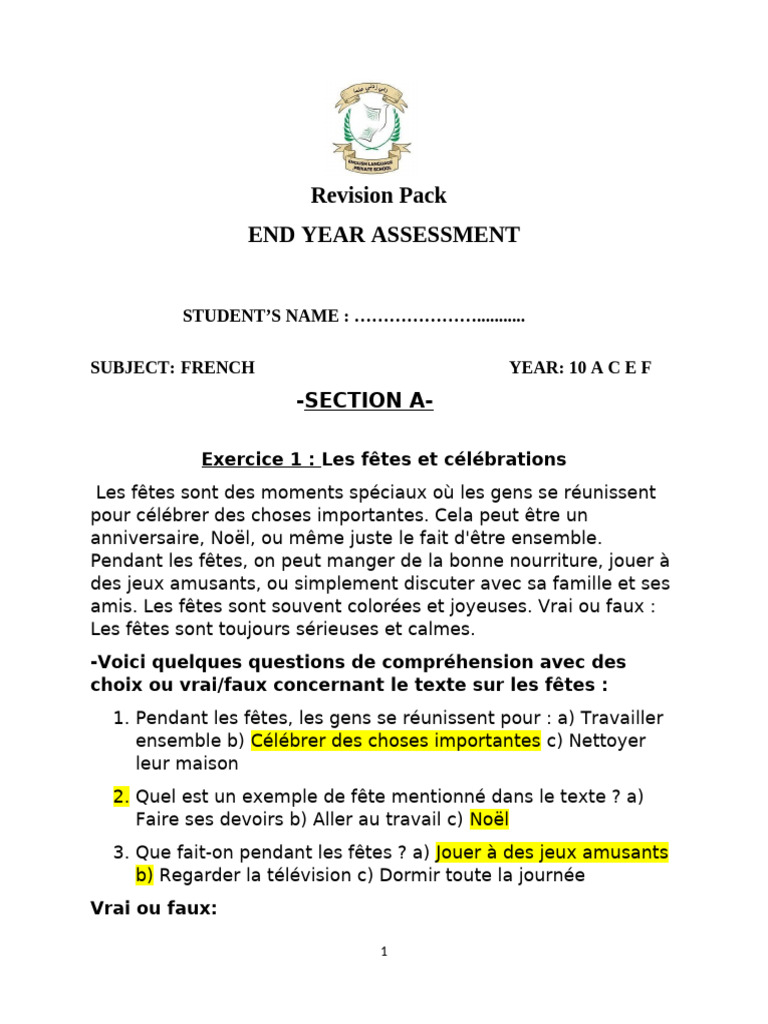 French Revision Pack 10 Yr Keys Answer | PDF