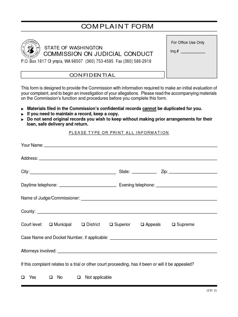 Washington Judicial Misconduct Complaint Form | PDF
