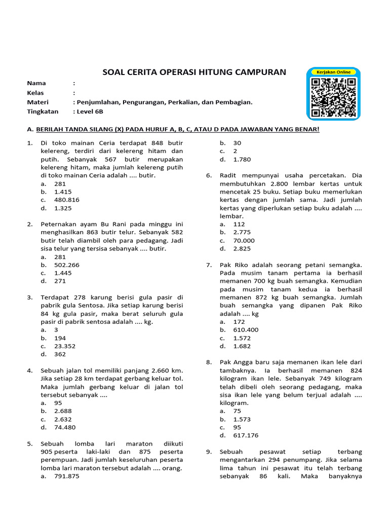 Soal Cerita Operasi Hitung Acak P4 - Level 6B | PDF