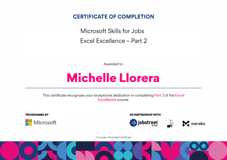 Excel Excellence Certificate - Part 2 - Michelle | PDF
