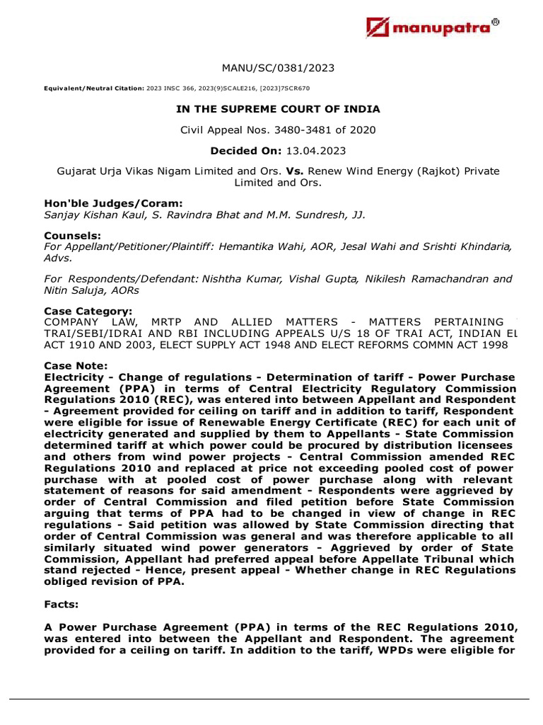 Gujarat Urja Vikas Nigam Limited and Ors Vs Renew SC20231704231750451COM405116 | PDF